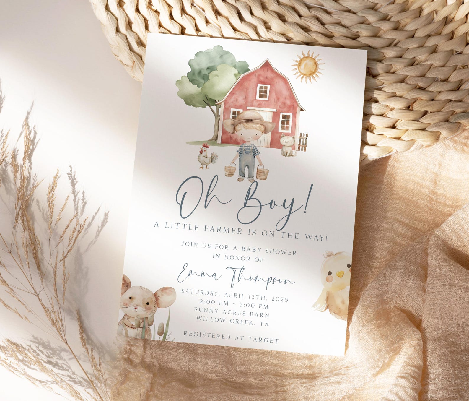 Oh Boy Farm Baby Shower Invitation, Editable Digital Invite, Rustic ...
