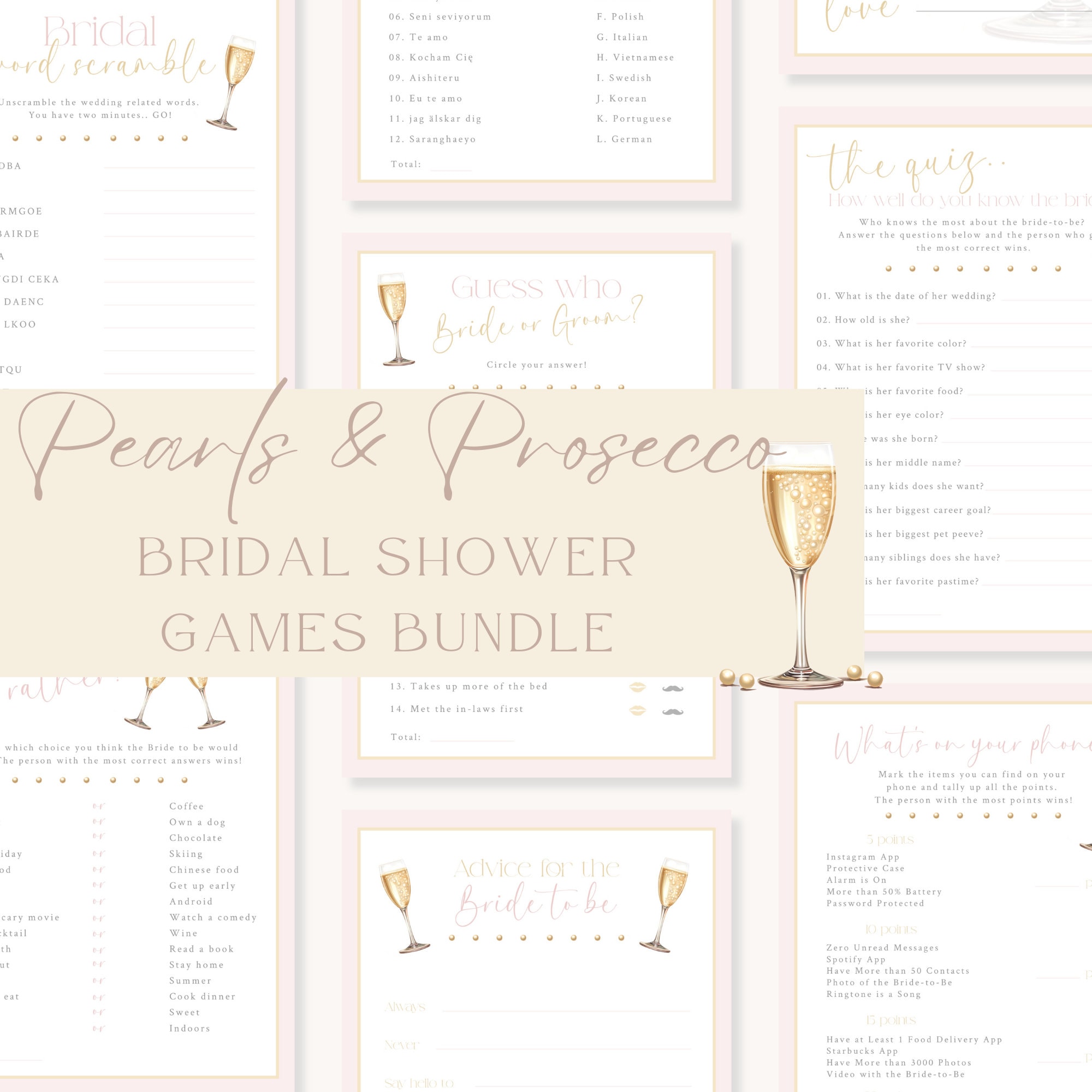 Pearls and Prosecco Bridal Shower Game Bundle, Bridal Shower Game ...