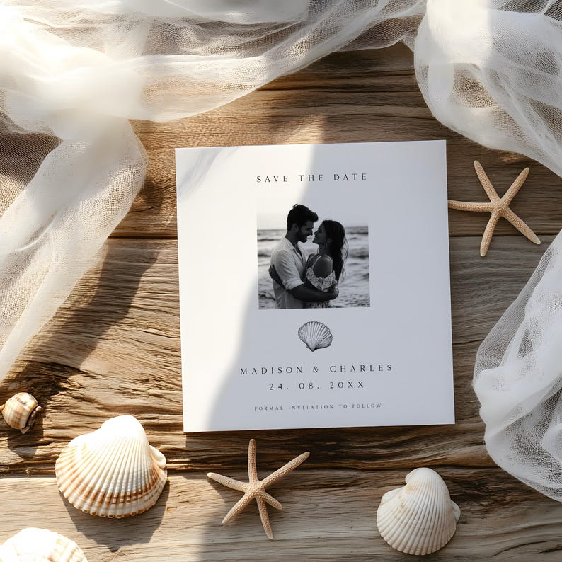 Beach Wedding Save the Date, Seashell Save the Date, Square Save the ...