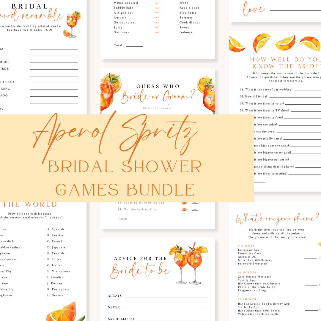 Aperol Spritz Bridal Shower Game Bundle, Citrus Spritz Hen Do Games ...