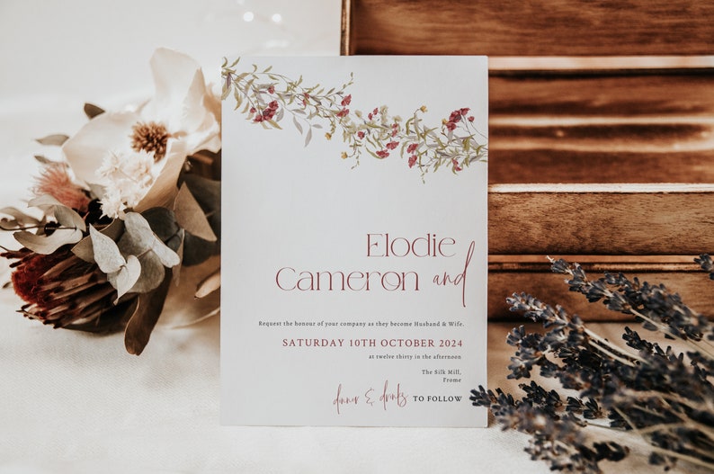 Red Floral Wedding Invitation Template 5x7, Rustic Wedding Invite ...