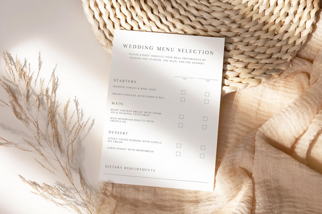 Wedding Menu Selection Card Template, Printable Menu Choice Card, Menu ...