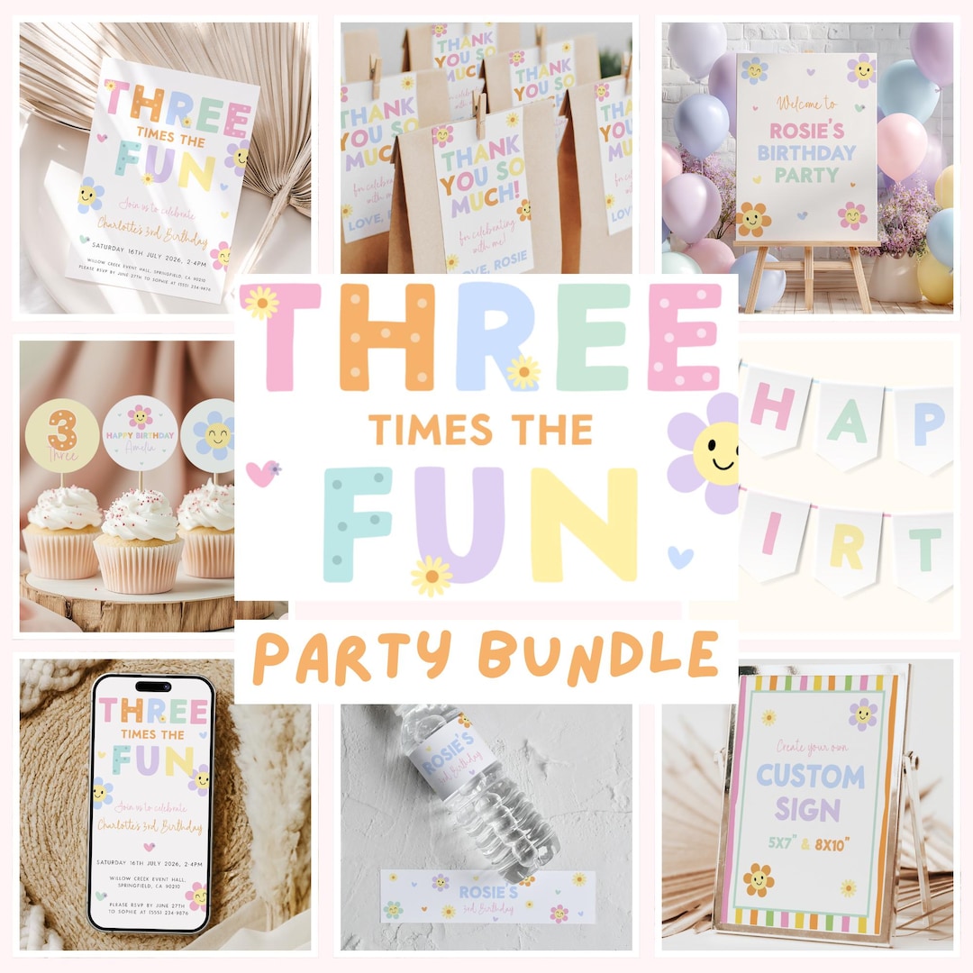 Three Times the Fun Birthday Bundle, Spring Girl 3rd Birthday Party ...
