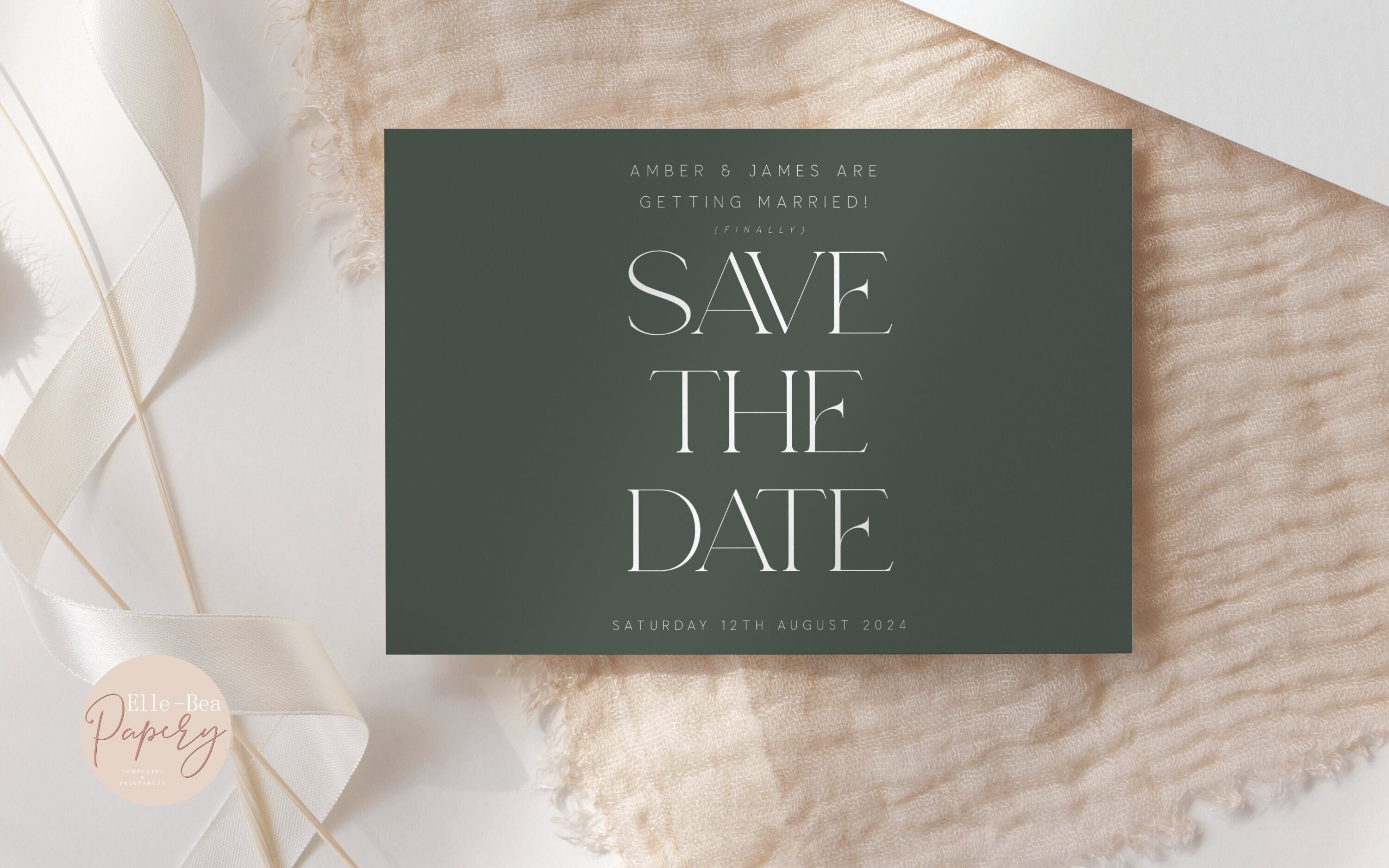 Minimalist Green and White Save the Date, Modern Dark Green Save the ...