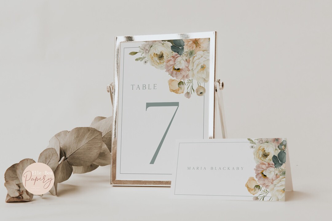 Pastel Floral Wedding Table Number With Matching Place Card, Dusty ...