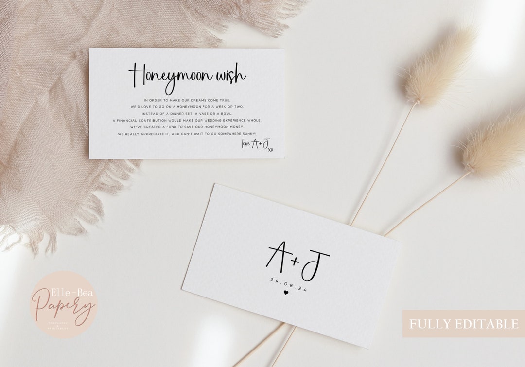 Minimalist Double-sided Honeymoon Wish Card, Wedding Gift Card, Minimal ...