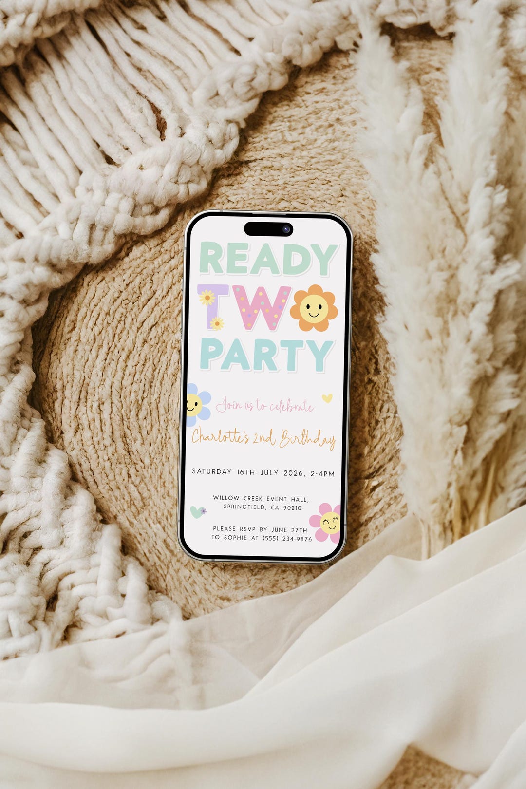 Ready Two Party Invitation Template, Phone Evite, Girl 2nd Birthday ...
