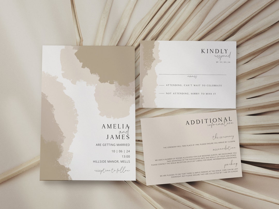 Neutral Wedding Invitation Template Suite , Beige Abstract Invite ...