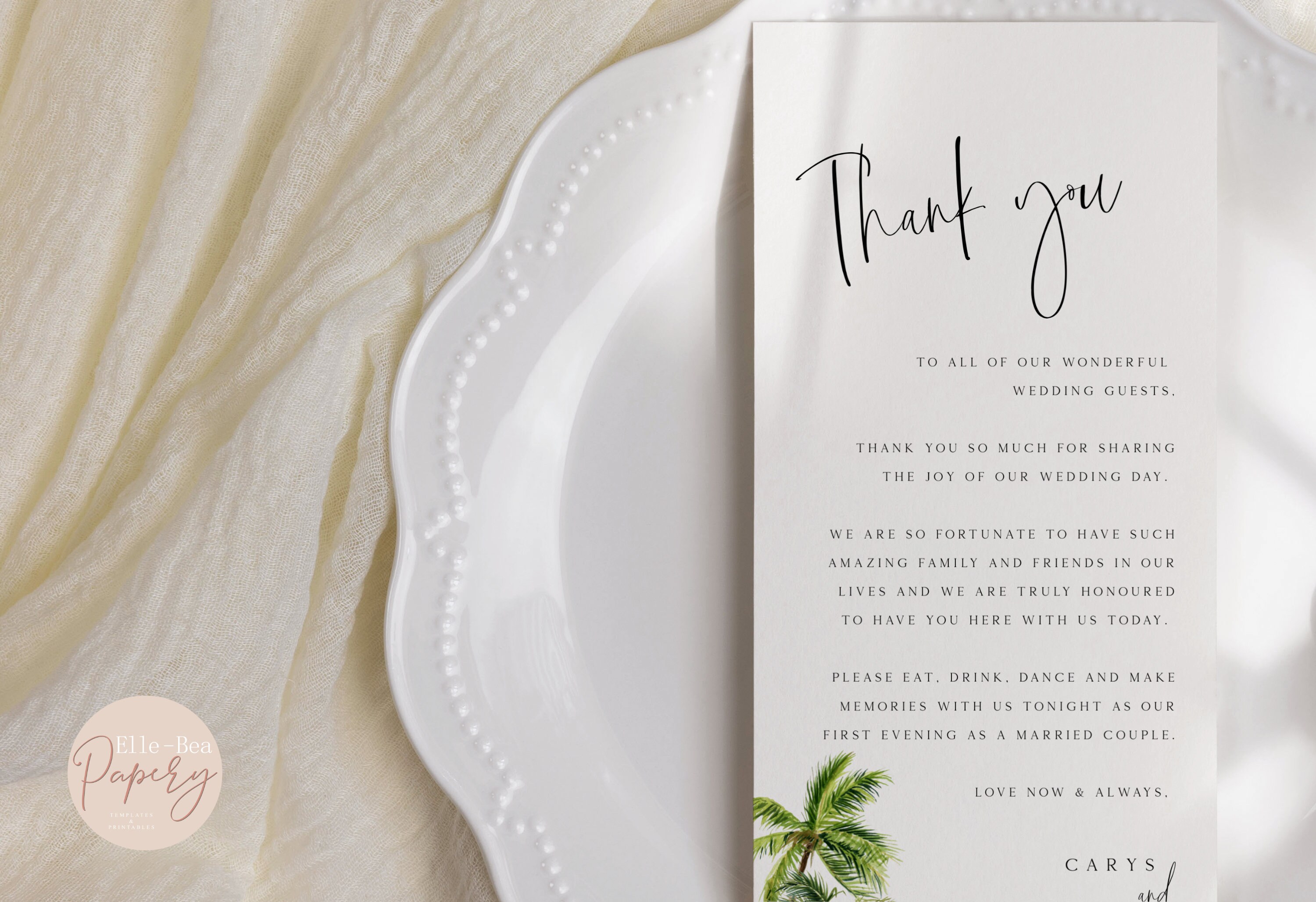 Tropical Thank You Place Card, Beach Wedding Thank You Napkin Note ...