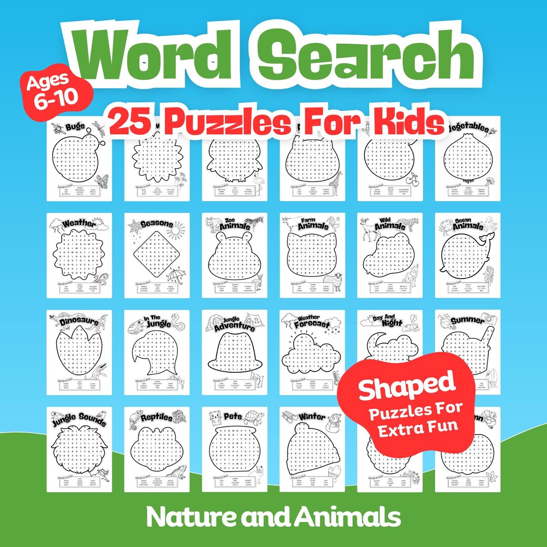 Themed Word Searches for Kids | 25 Shaped Word Search Puzzles for Kids | Nature and Animals ...