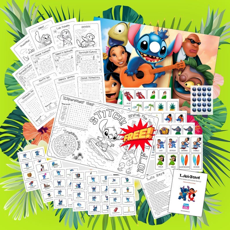 Lilo & Stitch Party Activity Pack: Coloring, Mazes, Charades (instant ...
