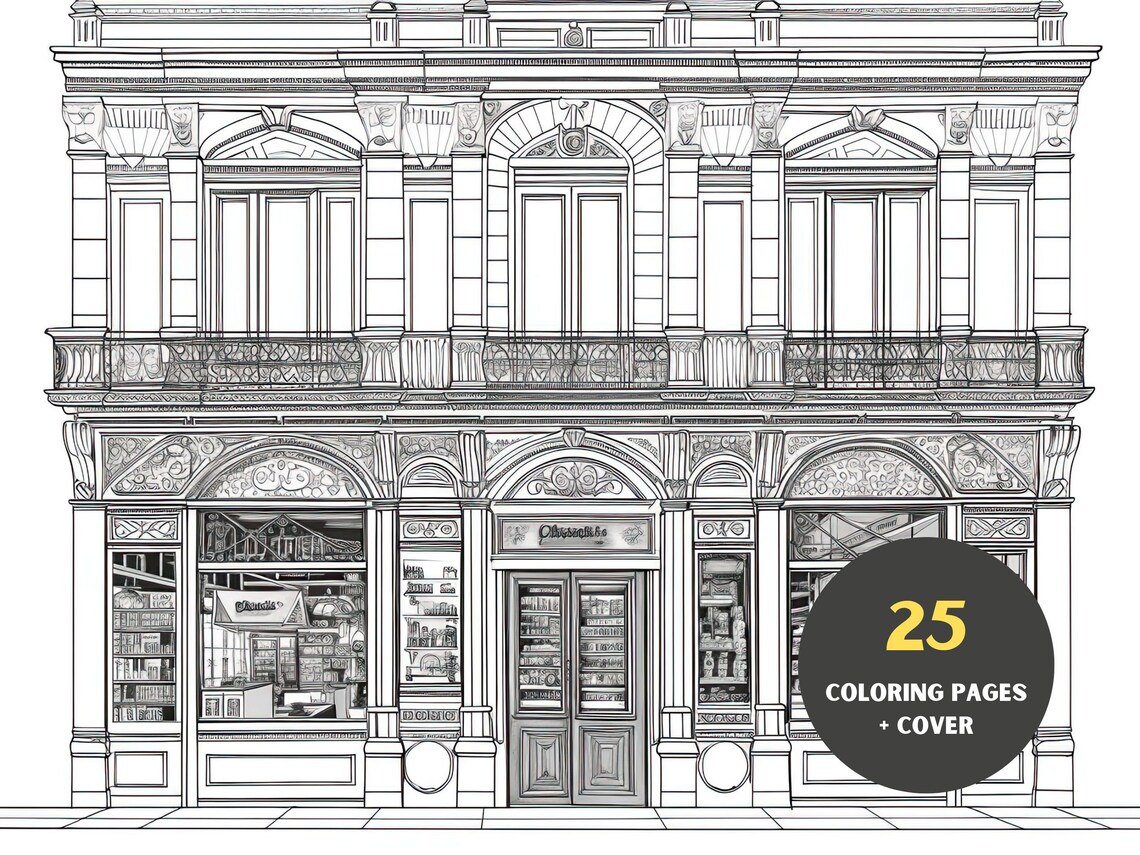 25 Page Bundle of Storefront Adult Coloring Book Building Coloring ...
