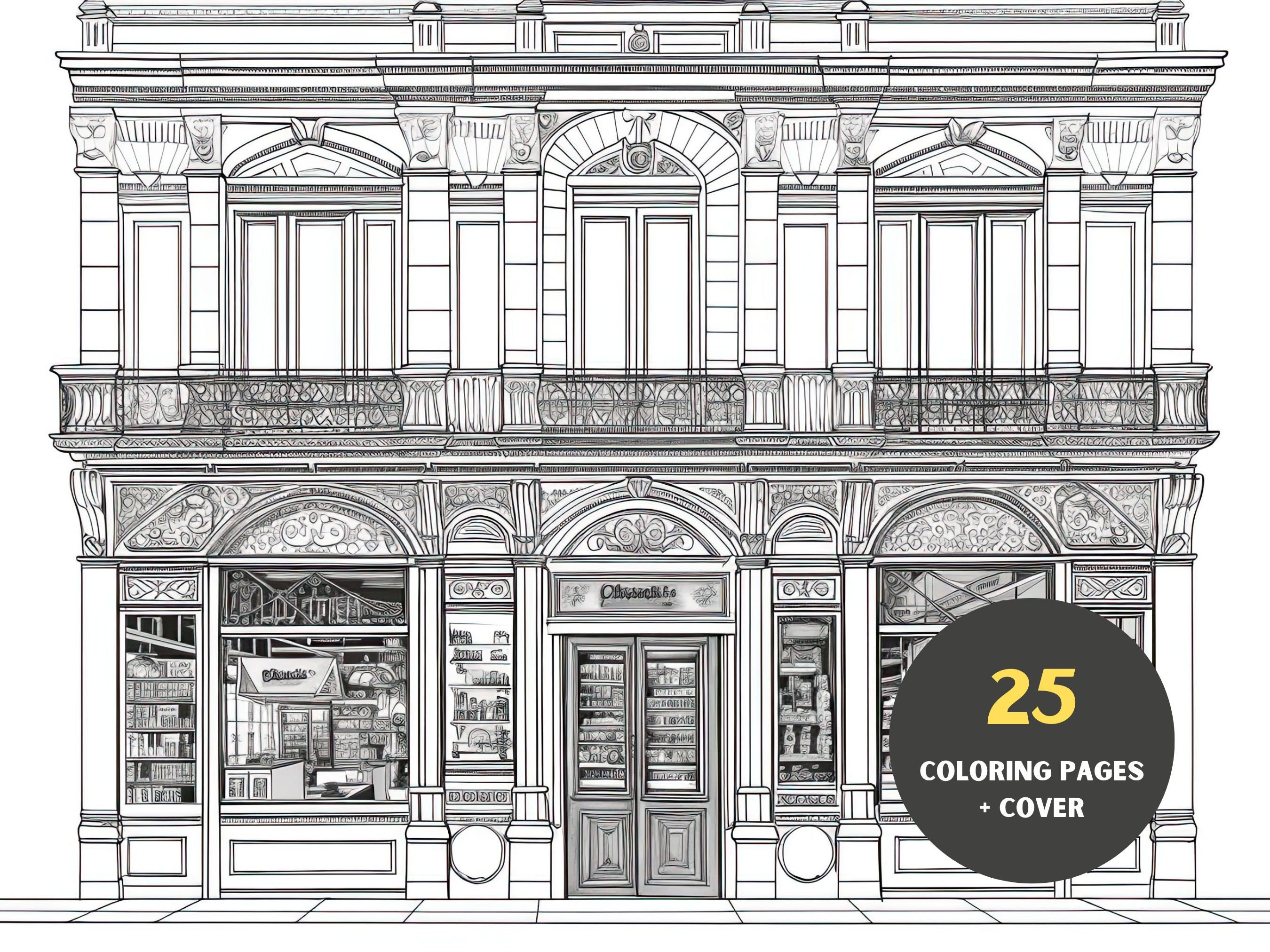 25 Page Bundle of Storefront Adult Coloring Book Building Coloring ...