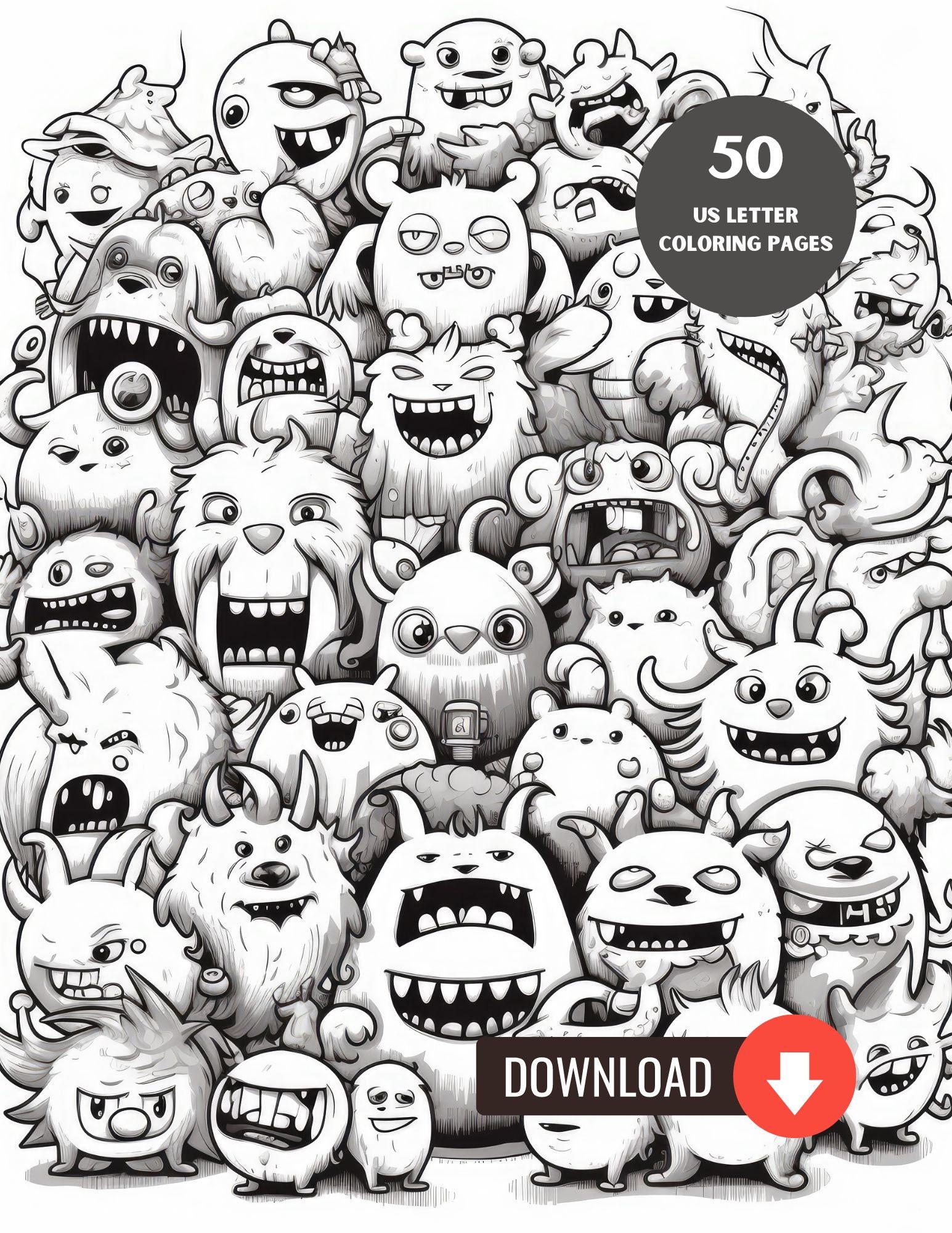 50 Pages Doodle Monster Coloring Book for Adults and Children Halloween ...