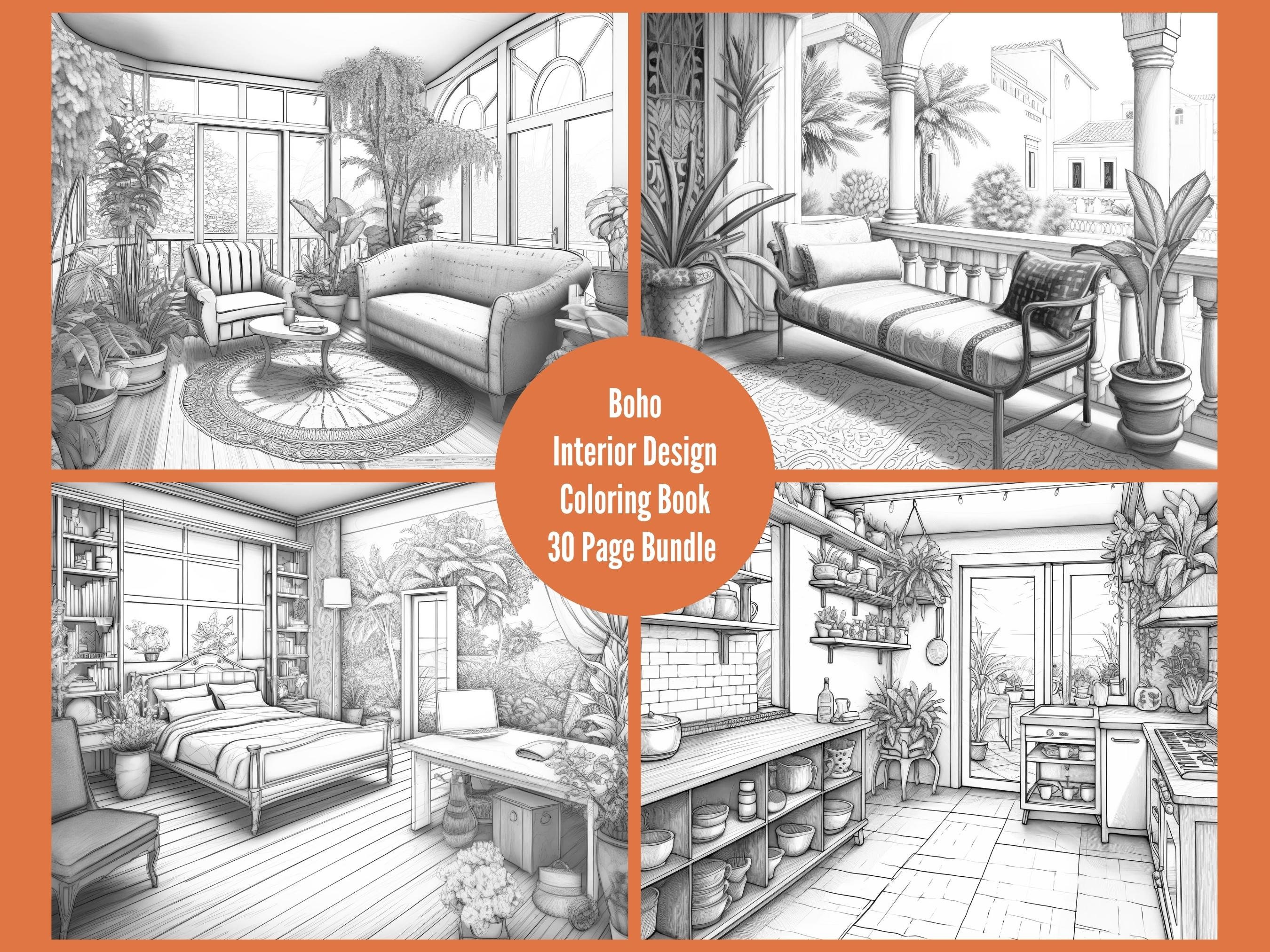 180 Page Mega Bundle Interior Design Adult Coloring Book Package Deal ...