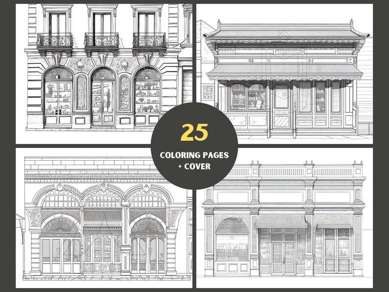 25 Page Bundle of Storefront Adult Coloring Book Building Coloring ...