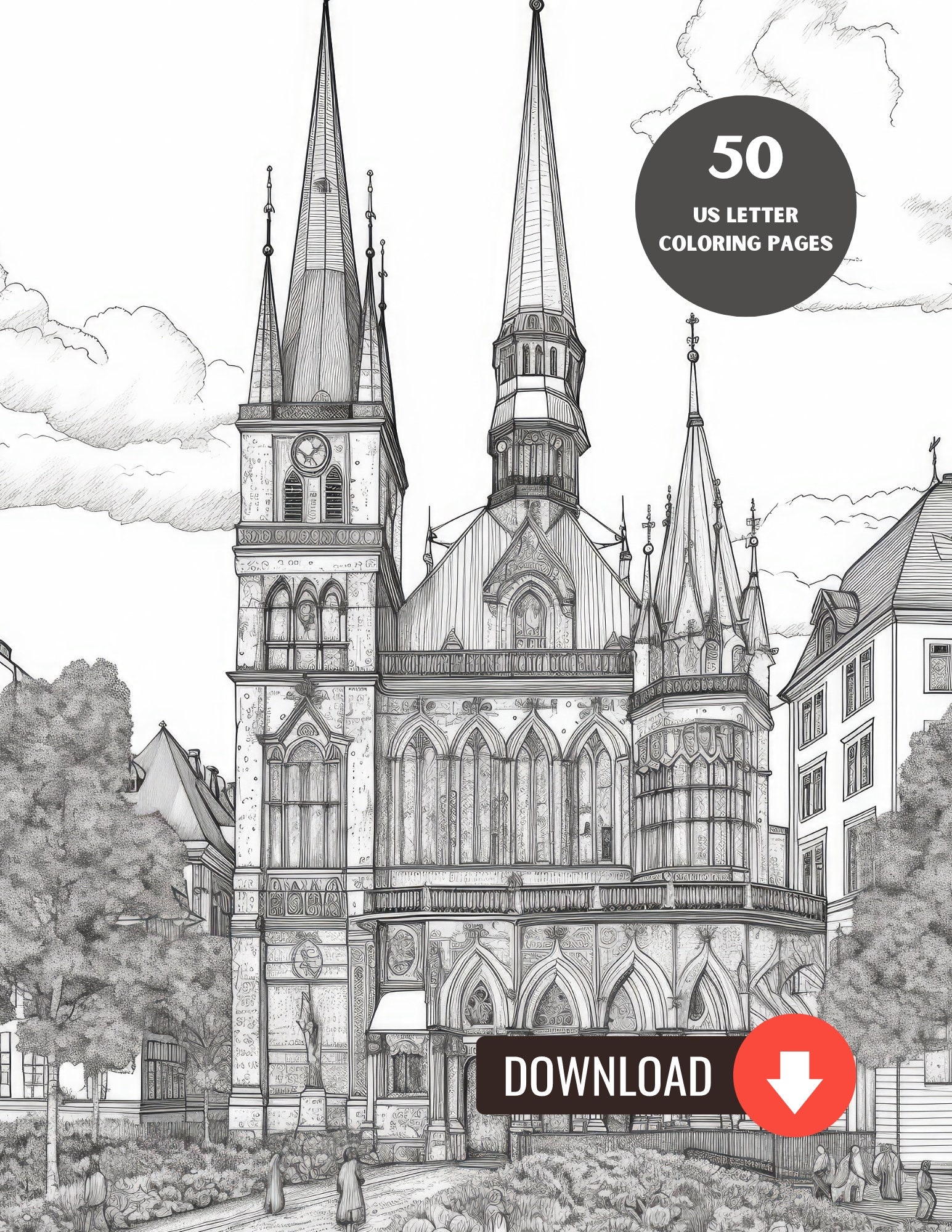 50 Page Bundle Cathedral Adult Coloring Book Church Building Coloring ...