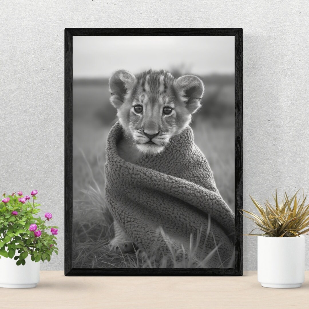 Black and White Lion Baby Animal Print for Nursery Print of Baby Lion ...