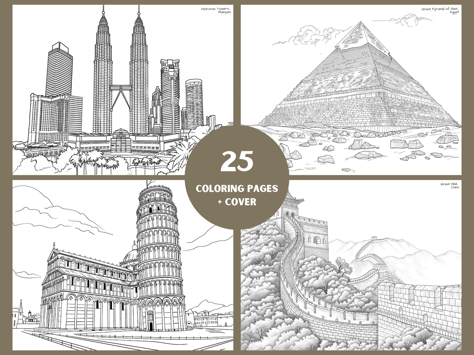 25 Page Bundle World Landmarks Coloring Book | Wonders of the World ...