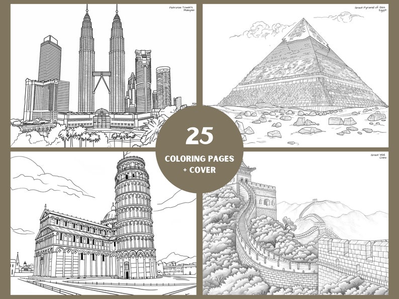 25 Page Bundle World Landmarks Coloring Book | Wonders of the World ...