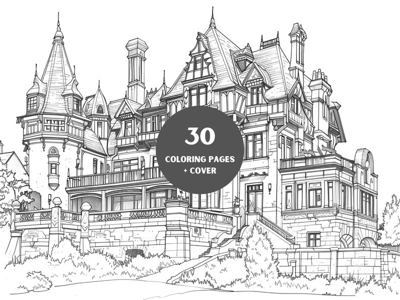 30 Page Bundle Castles and Mansions Coloring Book | Castle Coloring ...