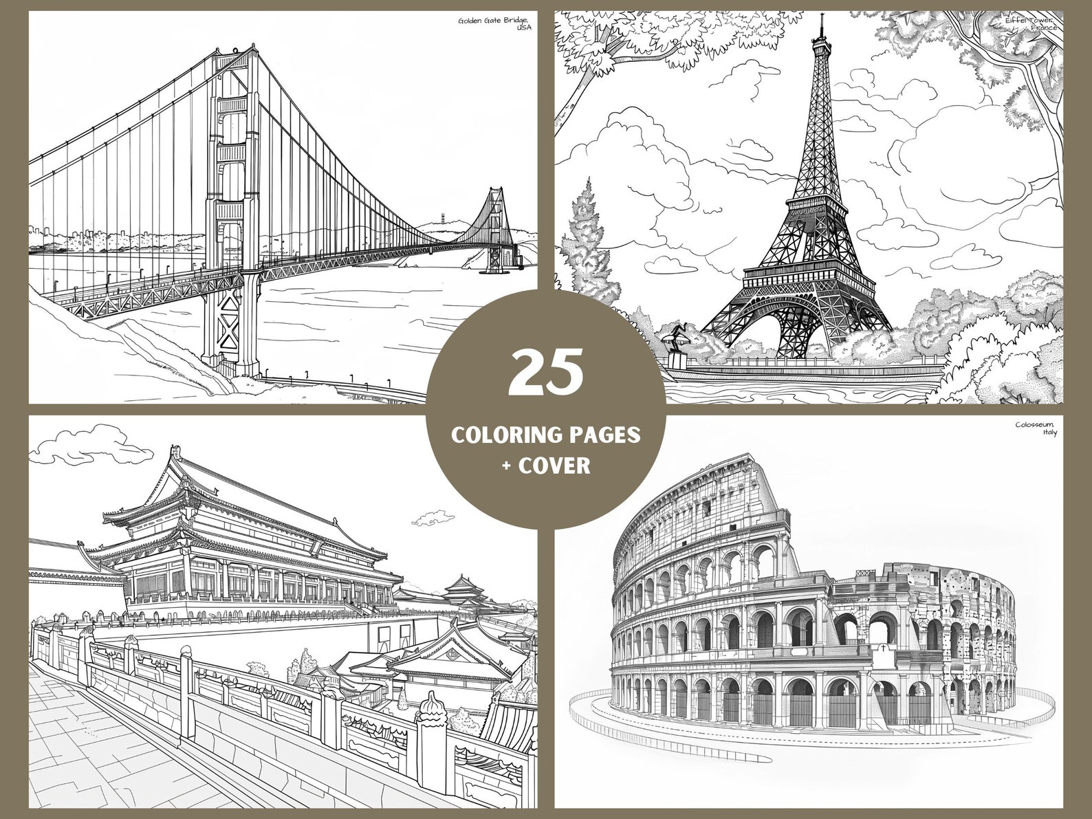 25 Page Bundle World Landmarks Coloring Book | Wonders of the World ...