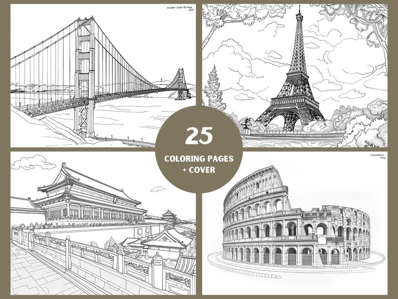 25 Page Bundle World Landmarks Coloring Book | Wonders of the World ...