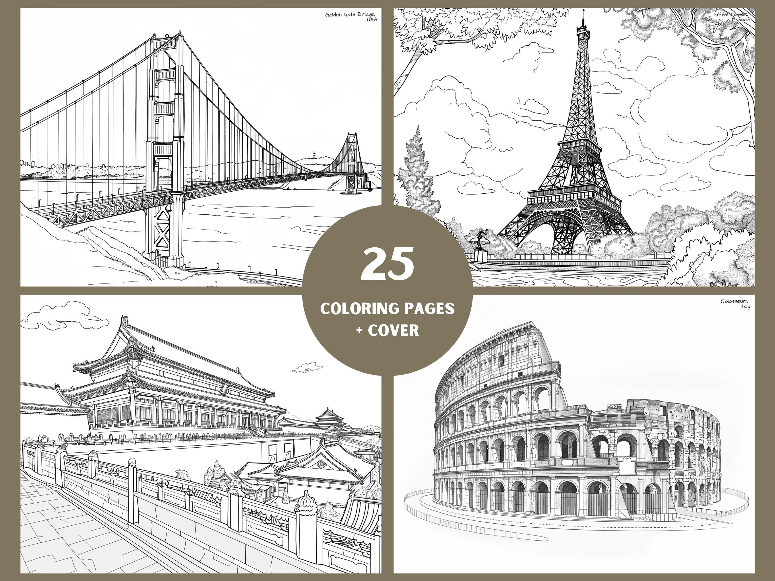 25 Page Bundle World Landmarks Coloring Book Wonders of the World ...