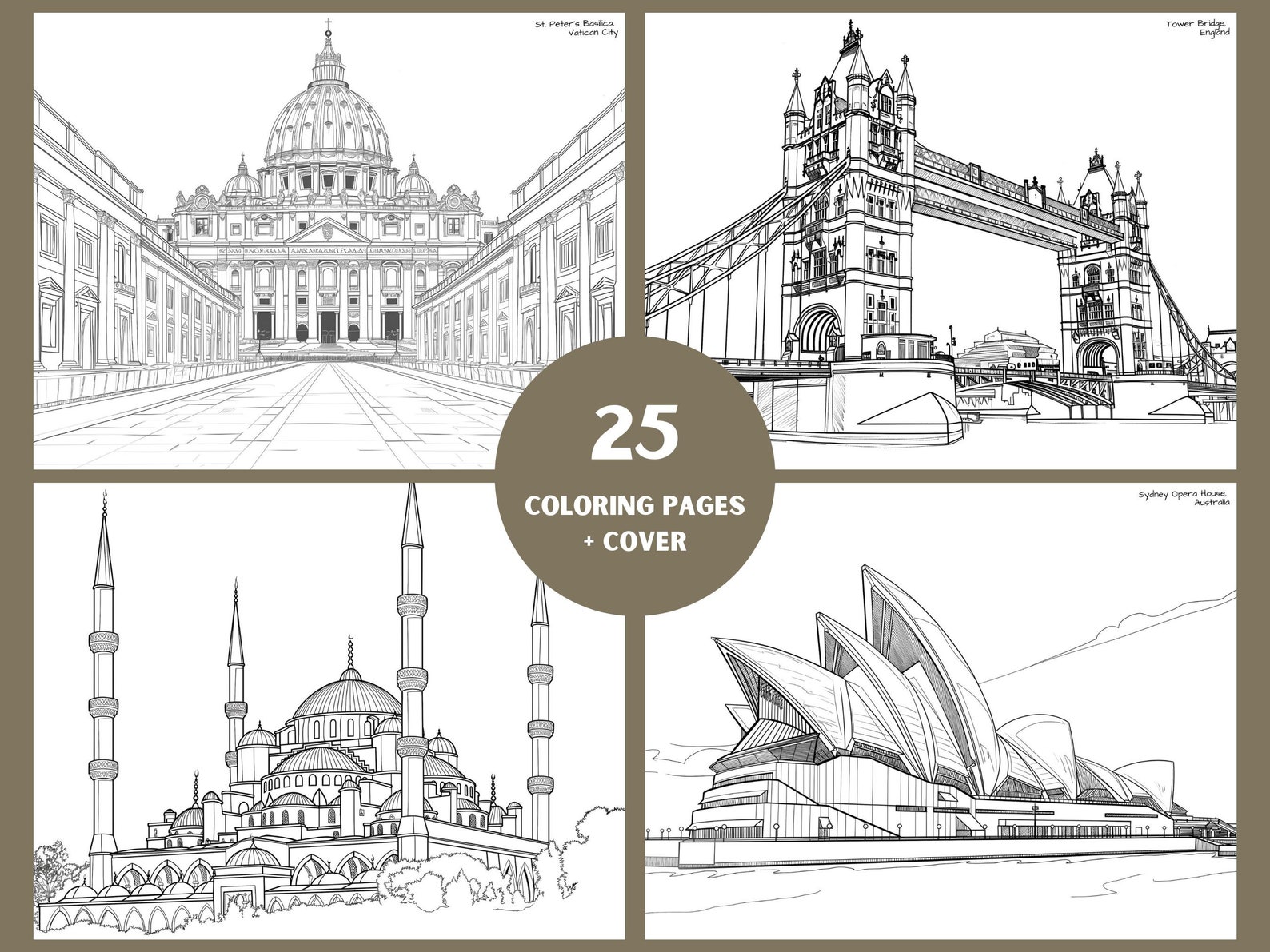25 Page Bundle World Landmarks Coloring Book | Wonders of the World ...