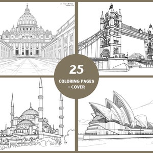 25 Page Bundle World Landmarks Coloring Book | Wonders of the World ...