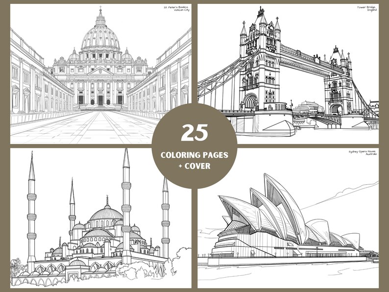 25 Page Bundle World Landmarks Coloring Book | Wonders of the World ...