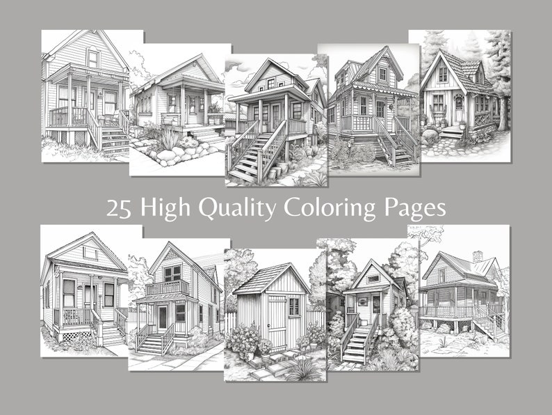 25 Page Bundle Tiny House Adult Coloring Book Cozy Home Ideas Coloring ...