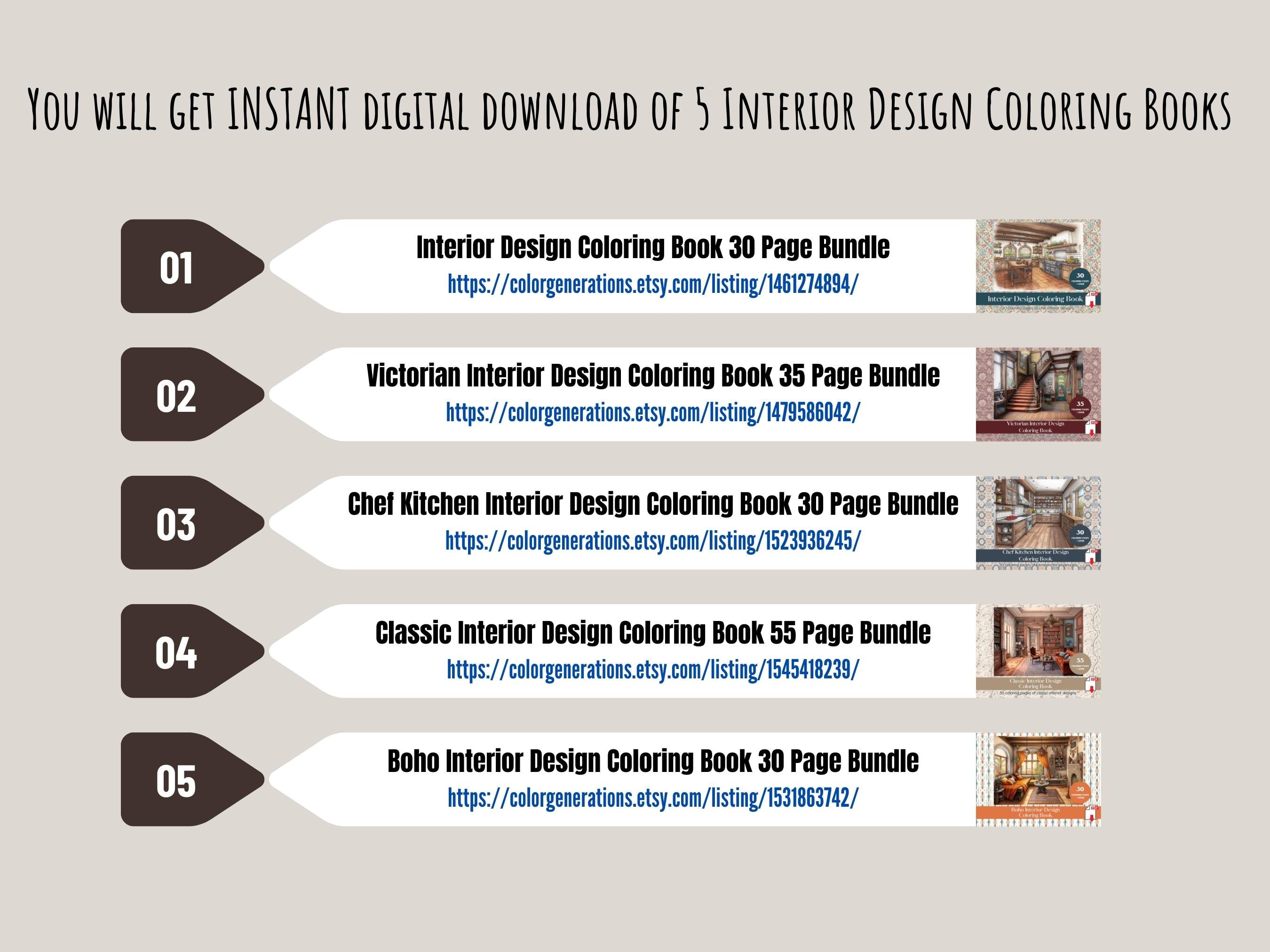 180 Page Mega Bundle Interior Design Adult Coloring Book Package Deal ...