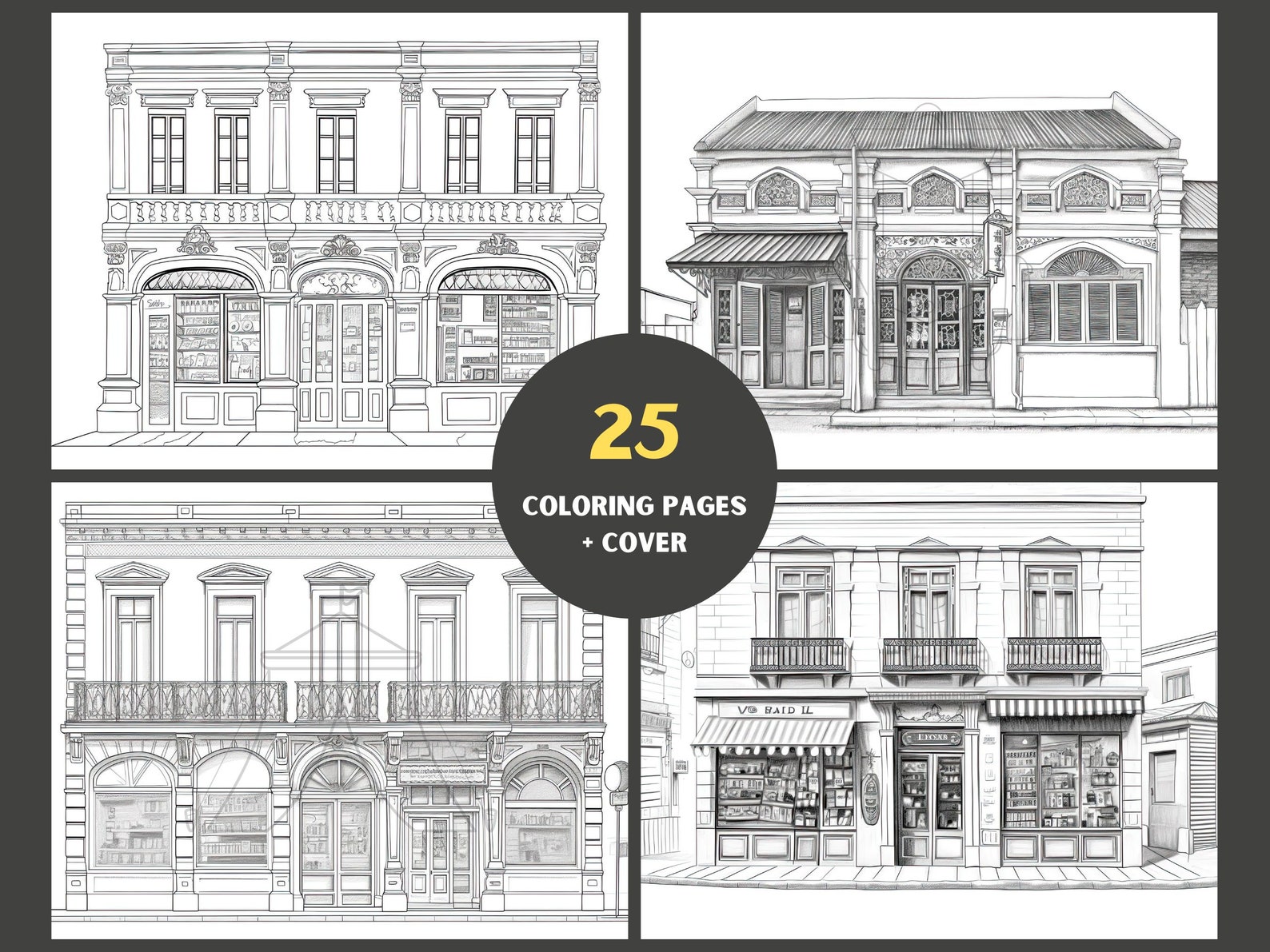 25 Page Bundle of Storefront Adult Coloring Book Building Coloring ...