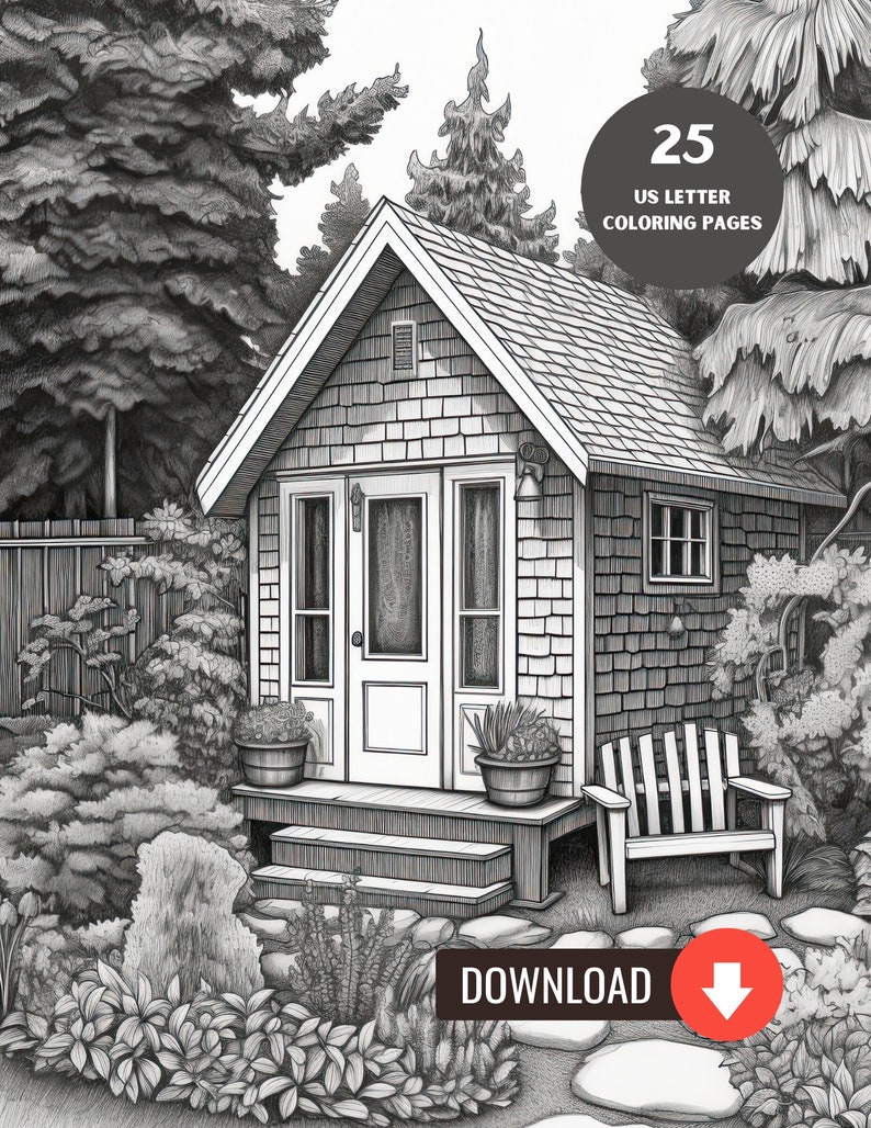 25 Page Bundle Tiny House Adult Coloring Book Cozy Home Ideas Coloring ...