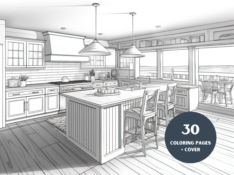 30 Page Bundle Chef Kitchen Interior Design Adult Coloring Book Kitchen ...