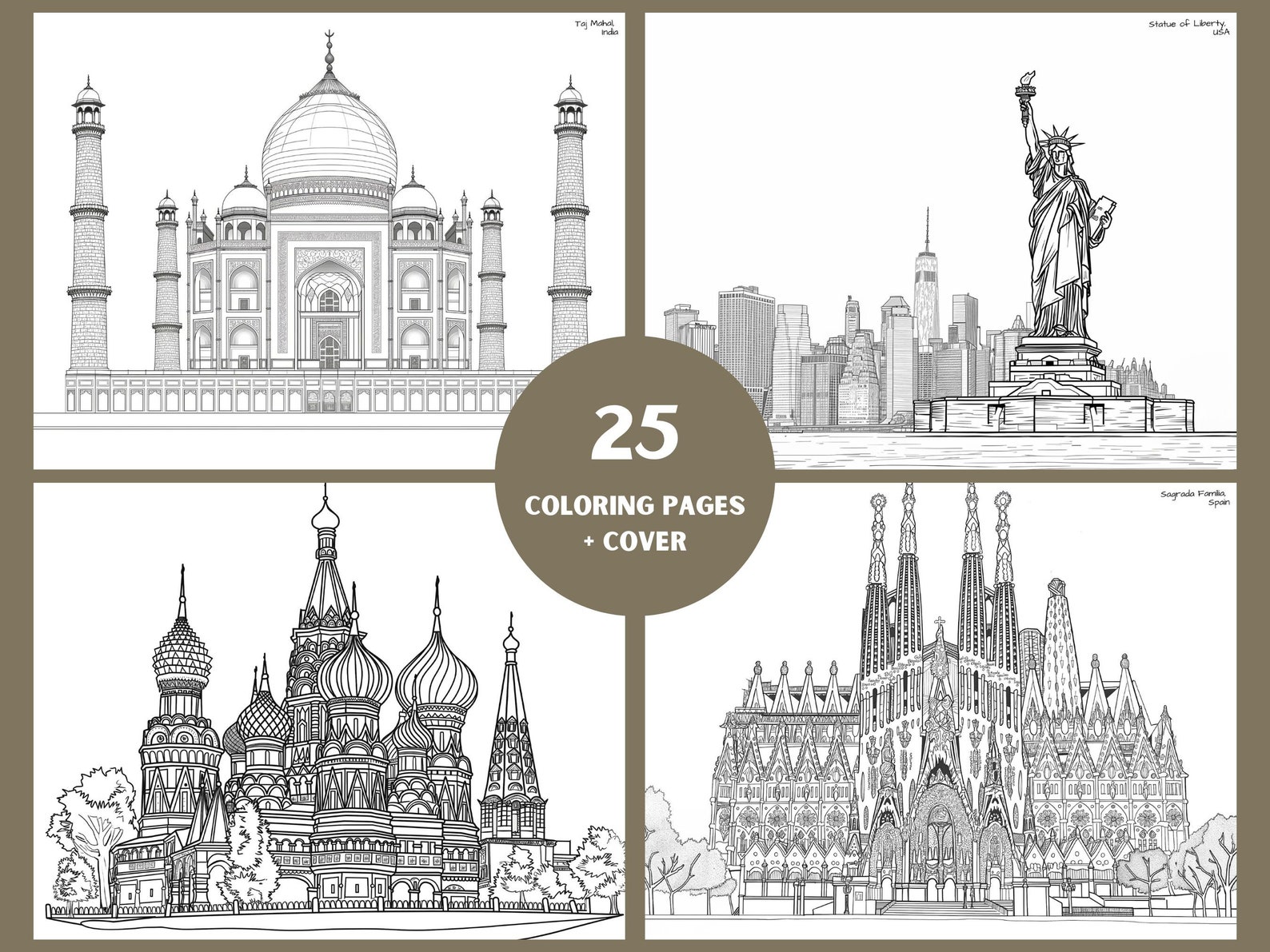 25 Page Bundle World Landmarks Coloring Book | Wonders of the World ...
