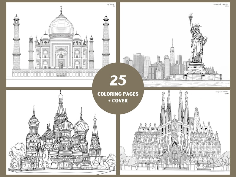 25 Page Bundle World Landmarks Coloring Book | Wonders of the World ...