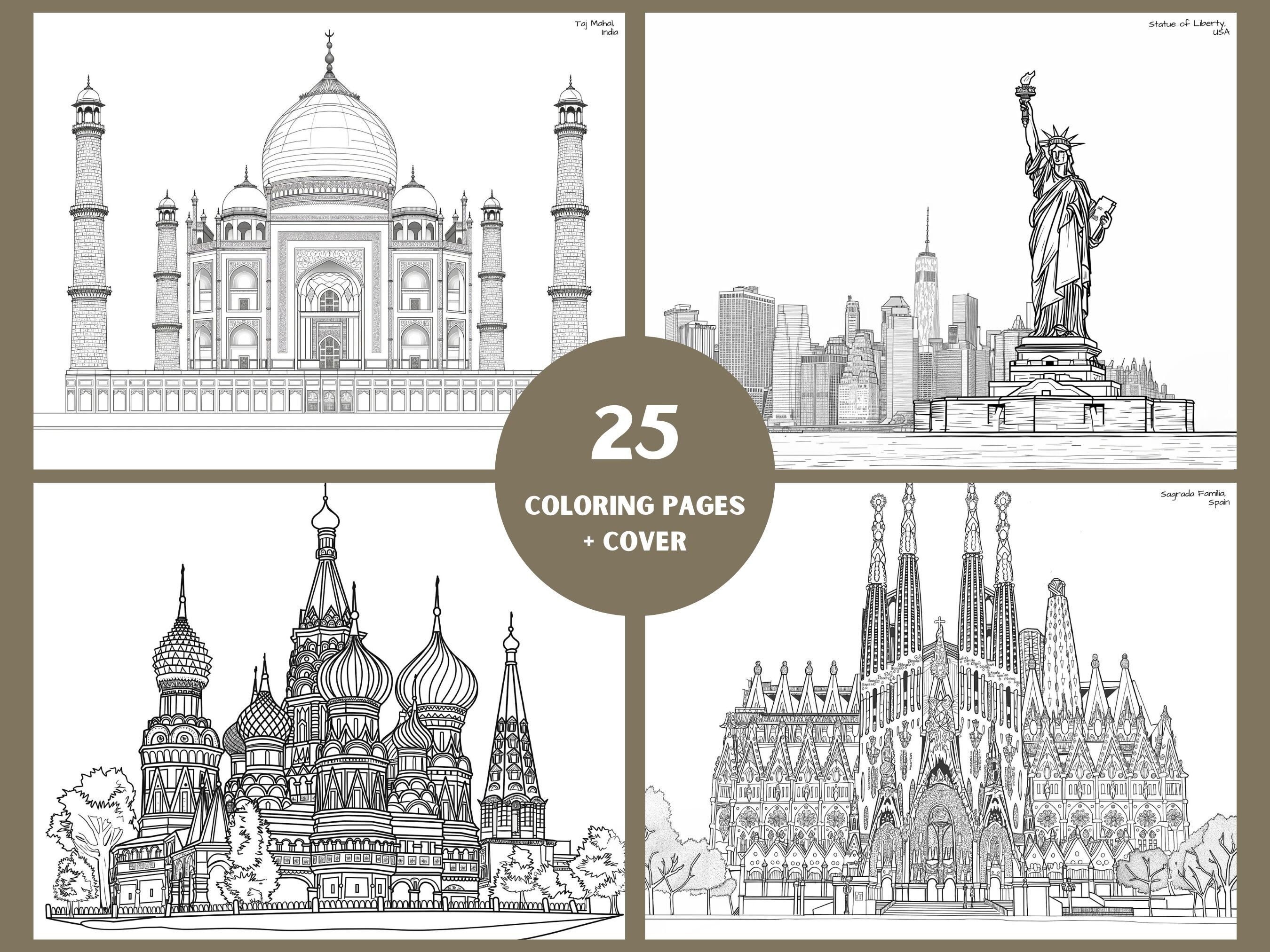 25 Page Bundle World Landmarks Coloring Book | Wonders of the World ...