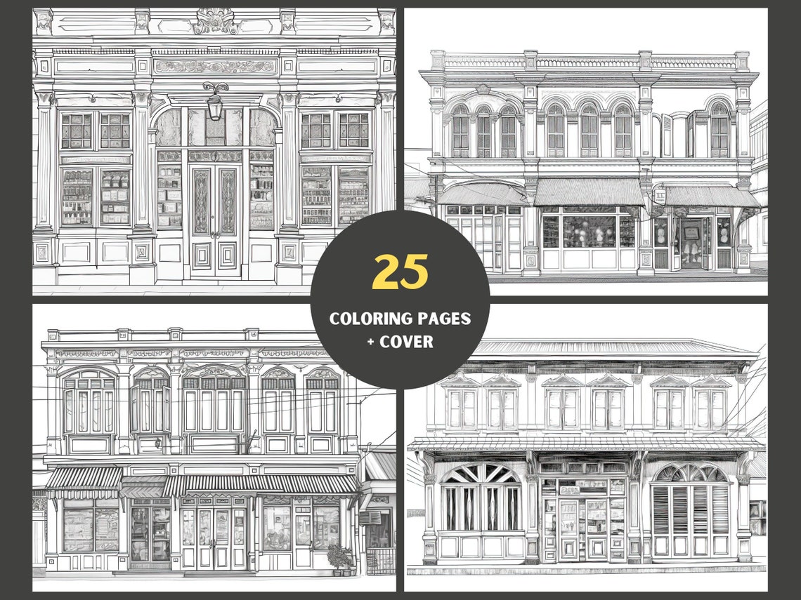 25 Page Bundle of Storefront Adult Coloring Book Building Coloring ...