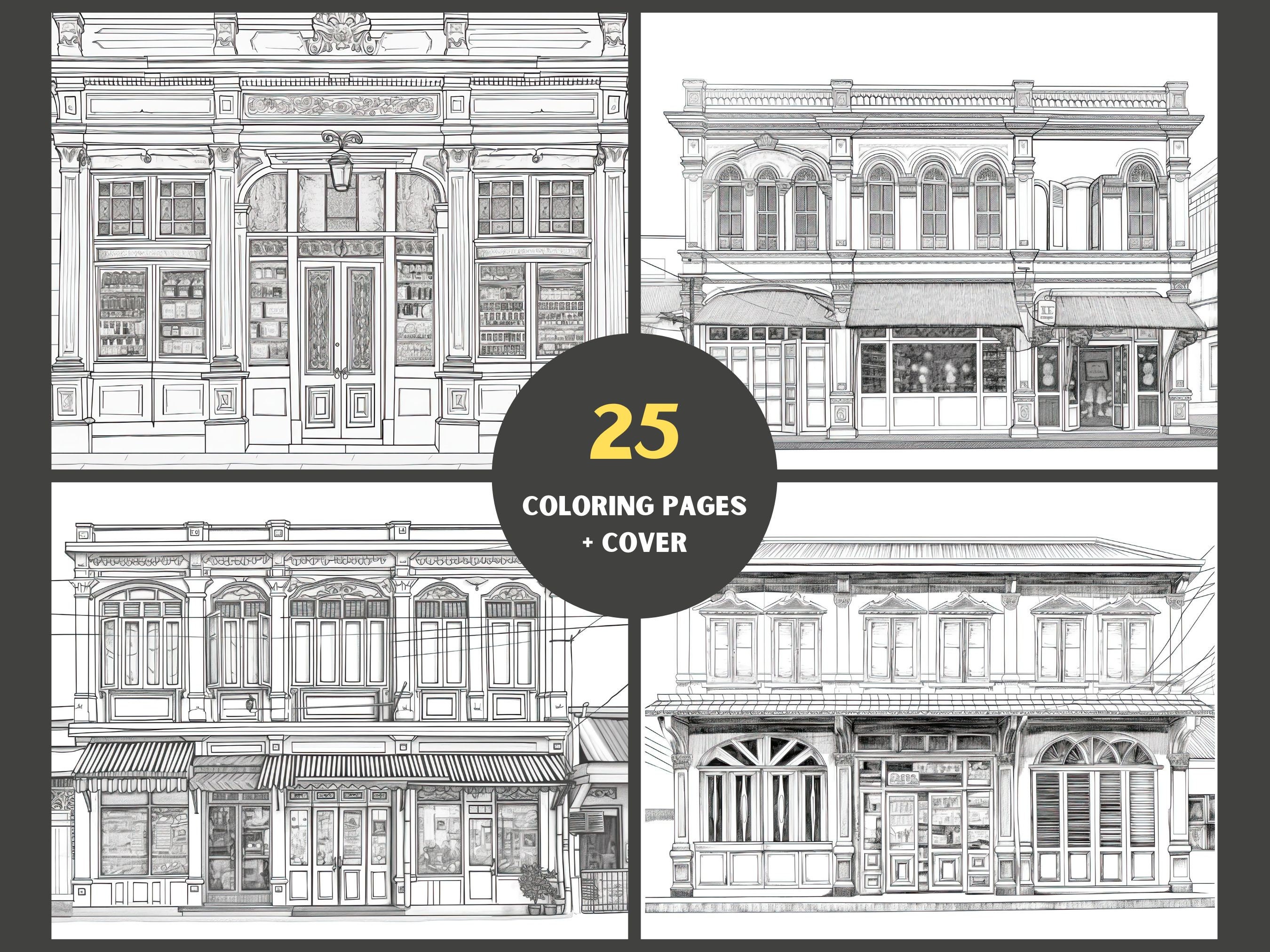 25 Page Bundle of Storefront Adult Coloring Book Building Coloring ...