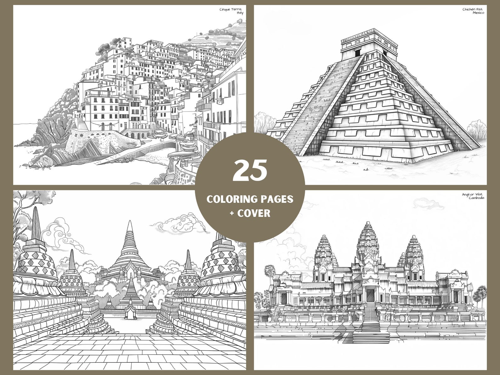 25 Page Bundle World Landmarks Coloring Book | Wonders of the World ...
