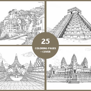 25 Page Bundle World Landmarks Coloring Book | Wonders of the World ...