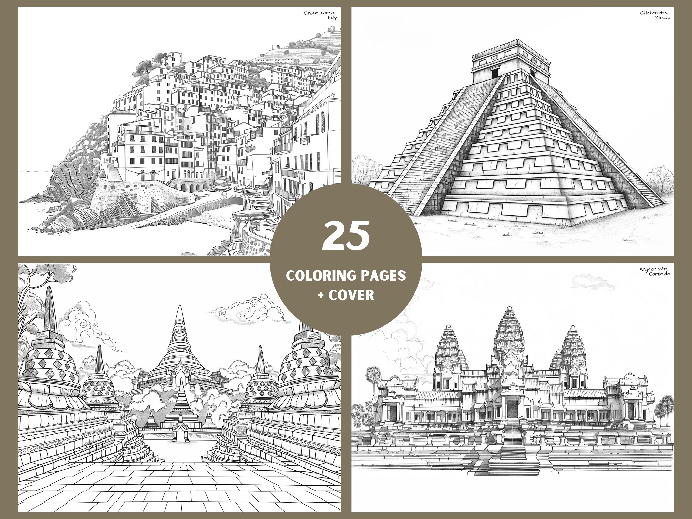 25 Page Bundle World Landmarks Coloring Book | Wonders of the World ...