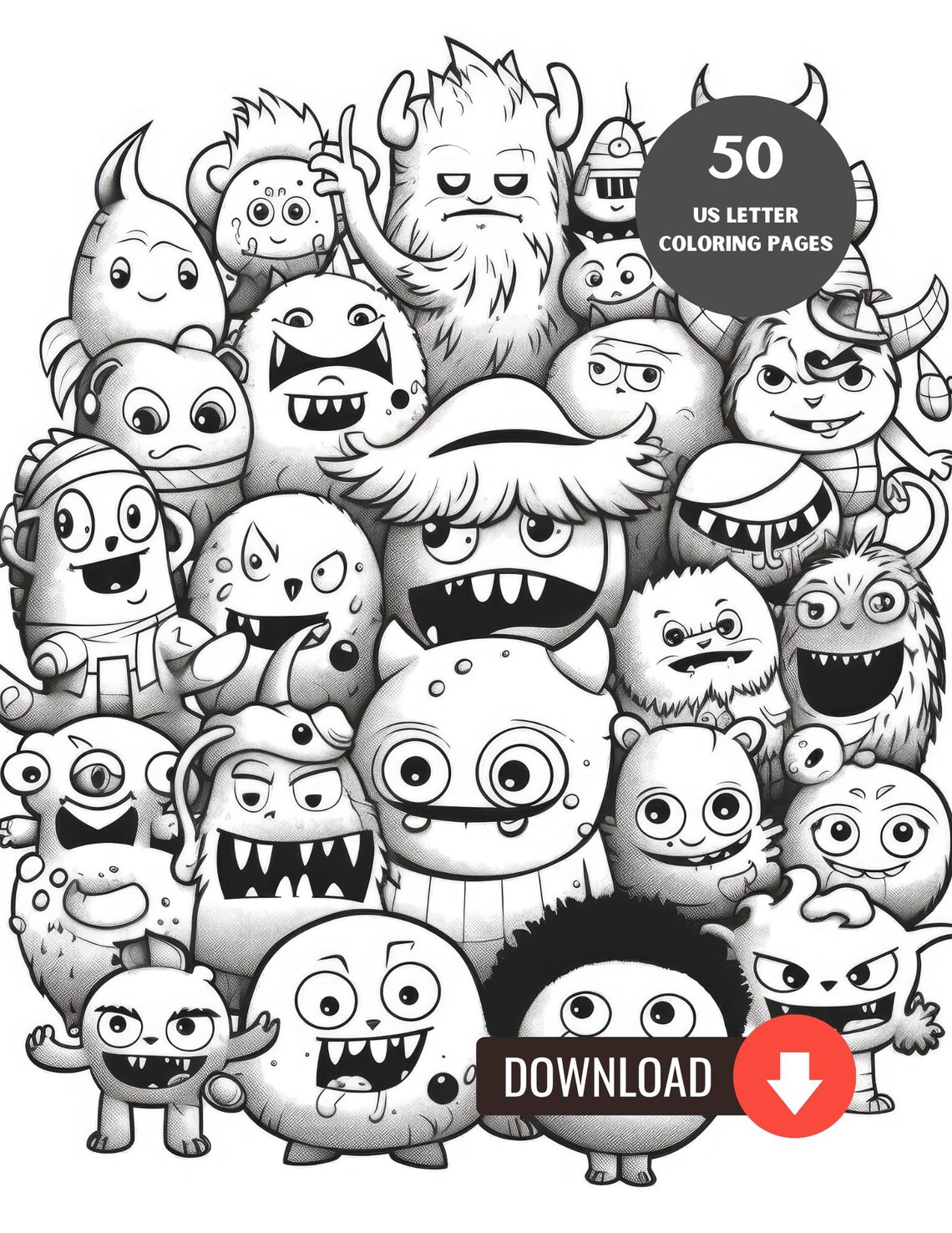 50 Pages Doodle Monster Coloring Book for Adults and Children Halloween ...