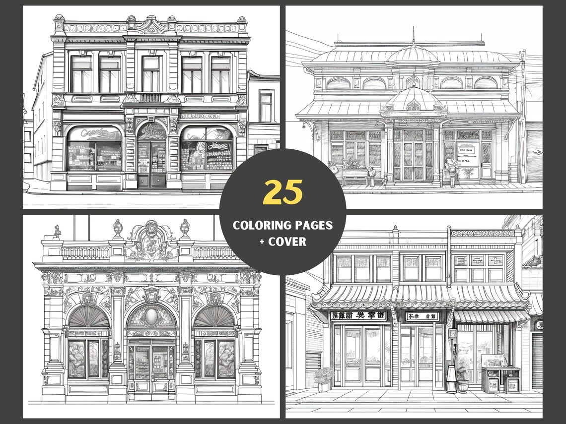 25 Page Bundle of Storefront Adult Coloring Book Building Coloring ...