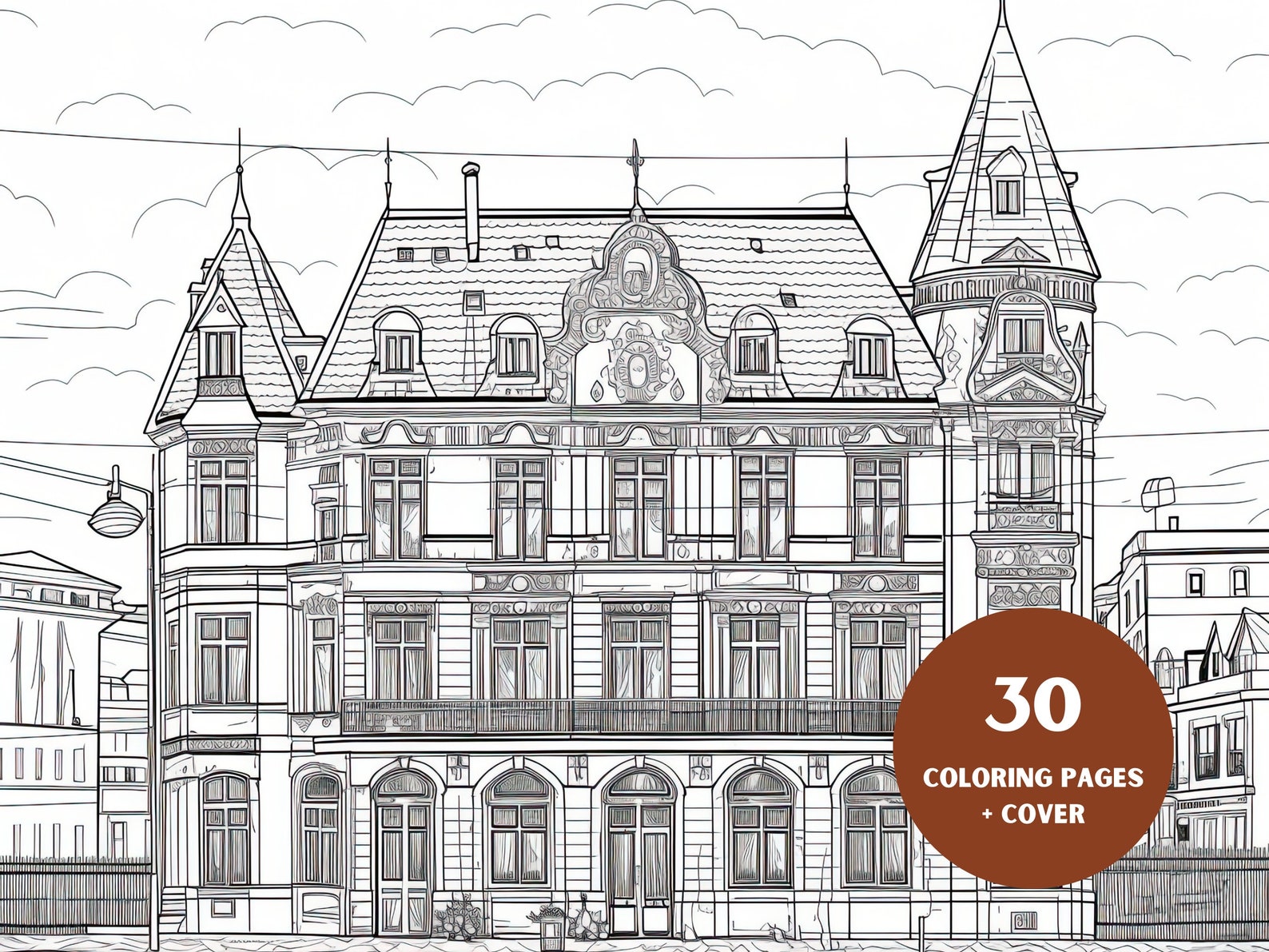 30 Page Bundle Old Building Front Adult Coloring Book Classic Structure ...