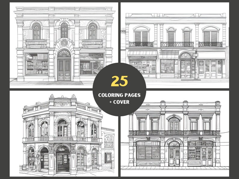 25 Page Bundle of Storefront Adult Coloring Book Building Coloring ...