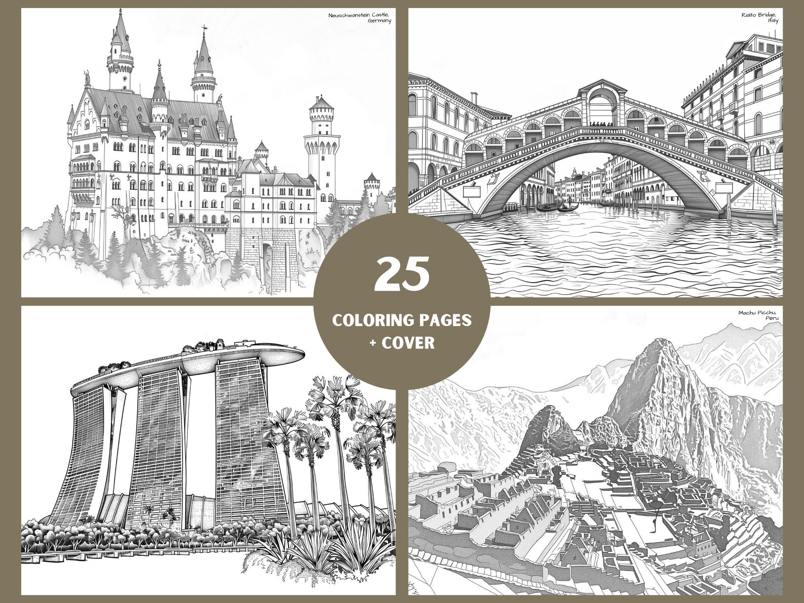 25 Page Bundle World Landmarks Coloring Book | Wonders of the World ...