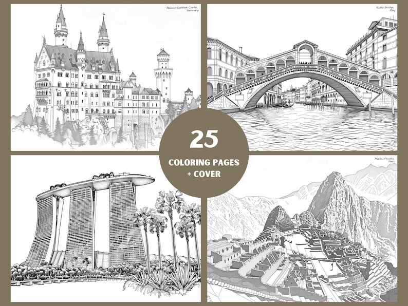 25 Page Bundle World Landmarks Coloring Book | Wonders of the World ...